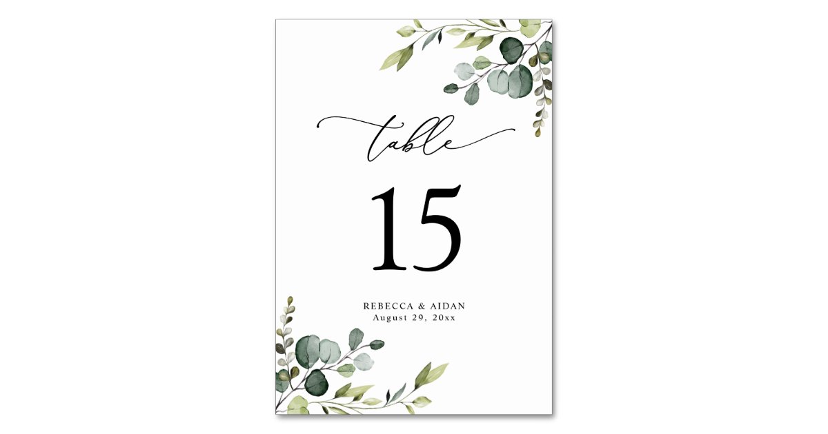 Elegant Script Eucalyptus Greenery Table Numbers | Zazzle