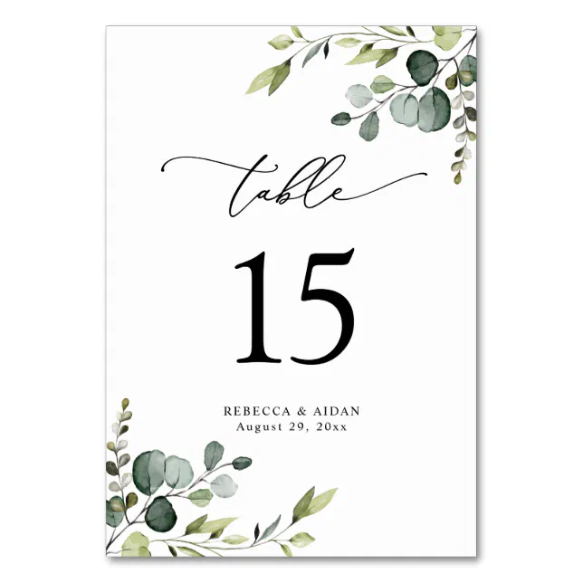 Elegant Script Eucalyptus Greenery Table Numbers | Zazzle