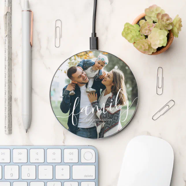 Elegant Script "Family" Custom Photo Wireless Charger | Zazzle