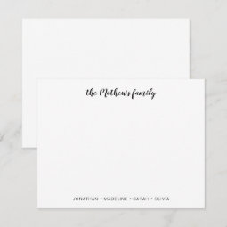 Elegant Script Family Last Name Black Note Card | Zazzle