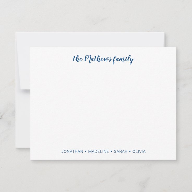 Elegant Script Family Last Name Navy Blue Note Card | Zazzle