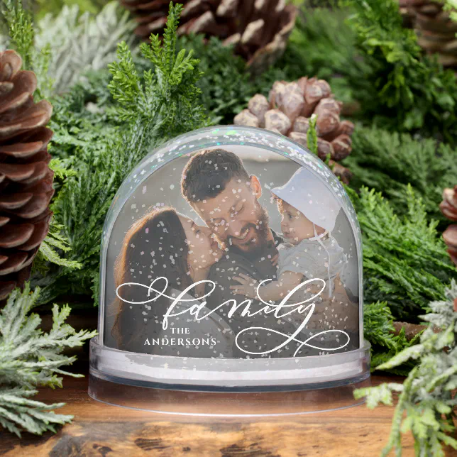 Elegant Script Family Name & 2 Photos Snow Globe | Zazzle
