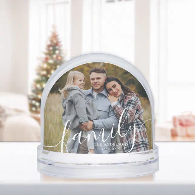 Elegant Script "Family" Photo Snow Globe | Zazzle