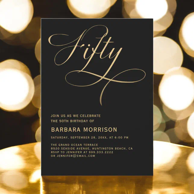 Elegant Script Fifty Black Gold 50th Birthday Invitation | Zazzle