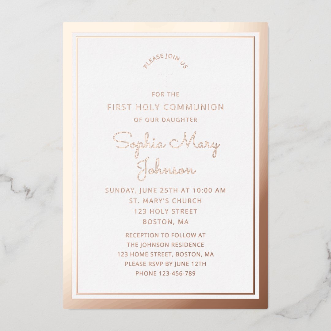 Elegant Script First Communion Rose Gold Foil Invitation | Zazzle