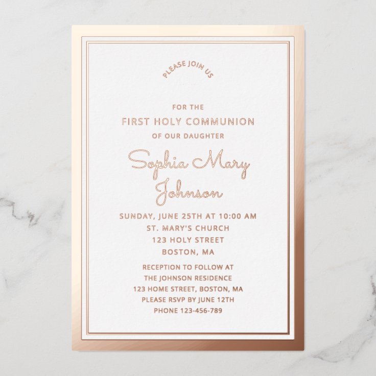 Elegant Script First Communion Rose Gold Foil Invitation | Zazzle