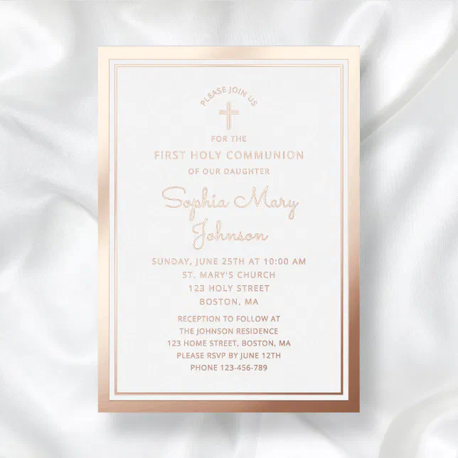 Elegant Script First Communion Rose Gold Foil Invitation | Zazzle