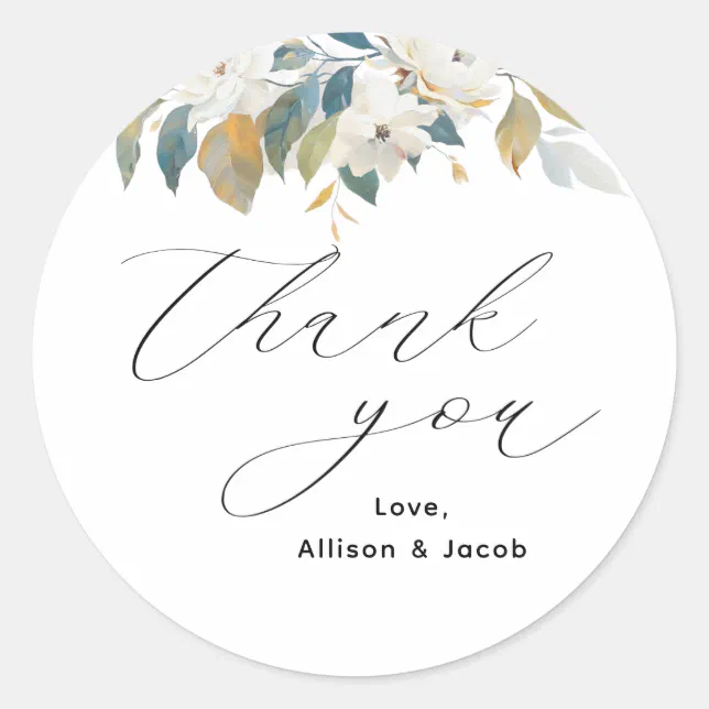 Elegant Script Floral Wedding Thank You Classic Round Sticker | Zazzle
