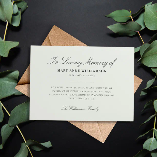 elegant script funeral thank you card | Zazzle