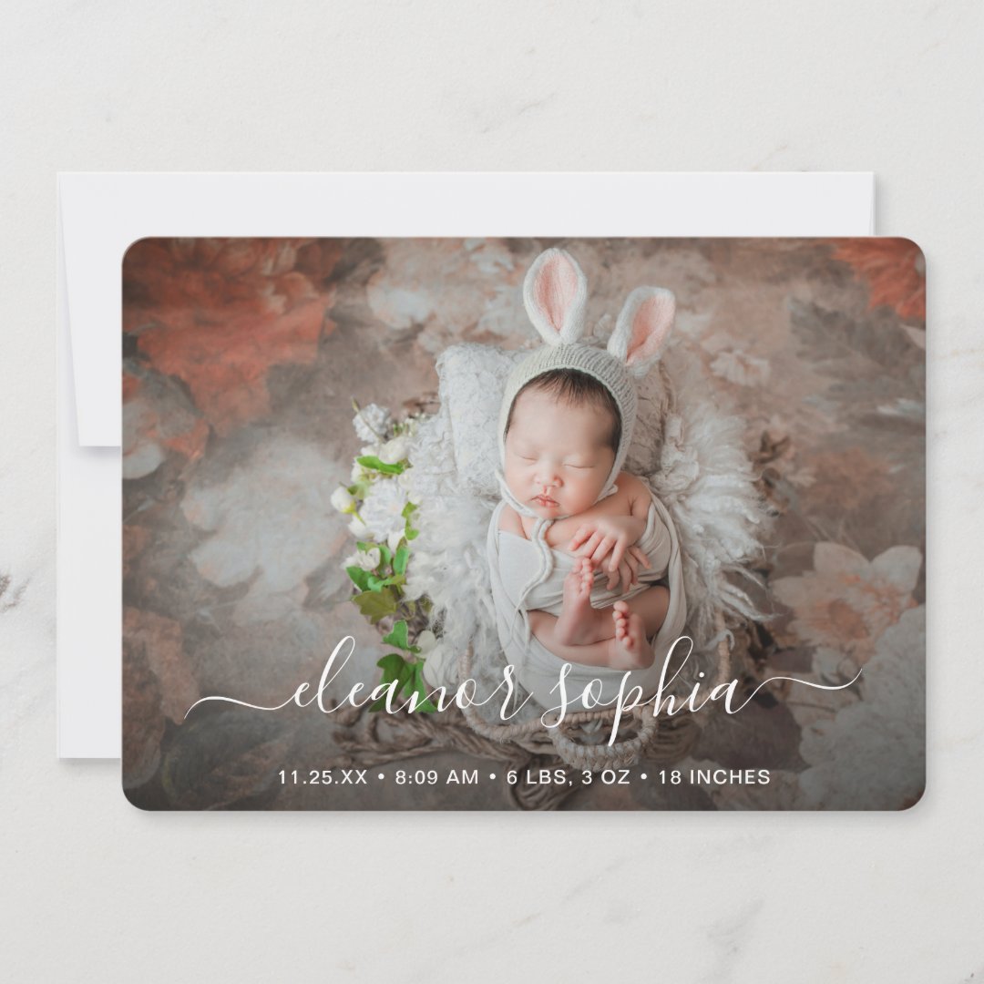 Elegant Script Girl Newborn Photo Birth Announcement | Zazzle