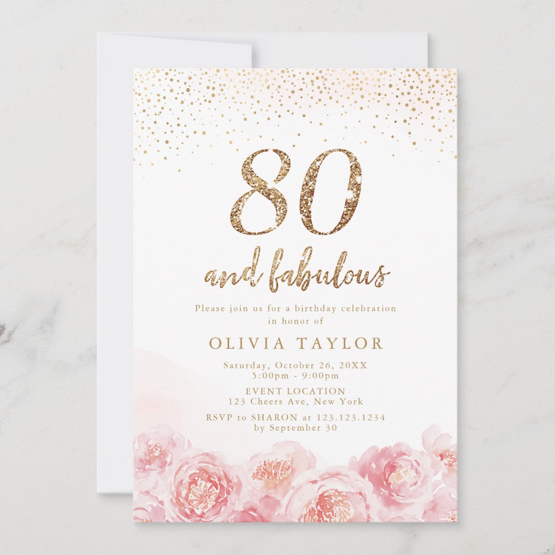 Elegant script gold & blush floral 80th birthday invitation | Zazzle