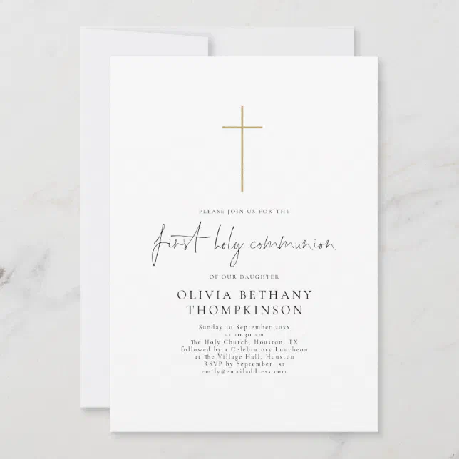 Elegant Script Gold Cross First Holy Communion Invitation | Zazzle