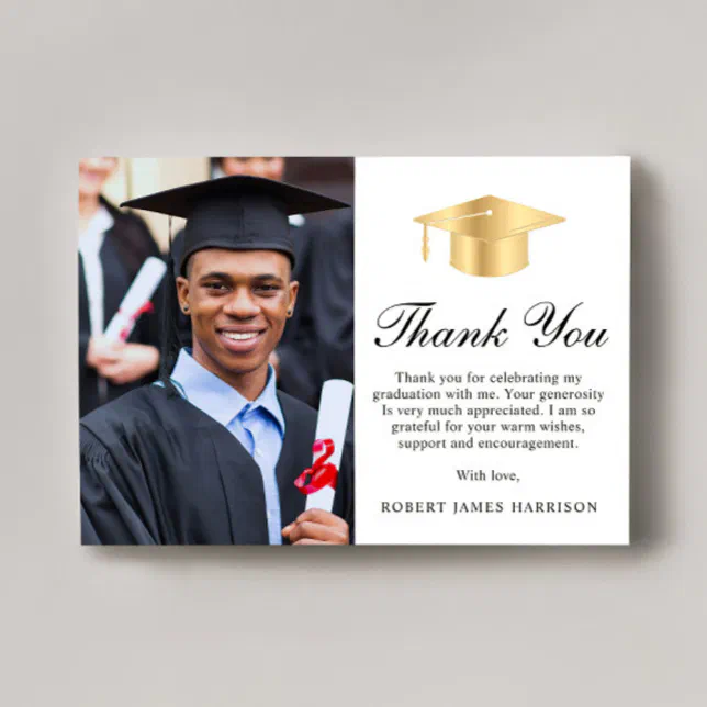 Elegant Script Gold Grad Cap Photo Graduation Thank You Card | Zazzle