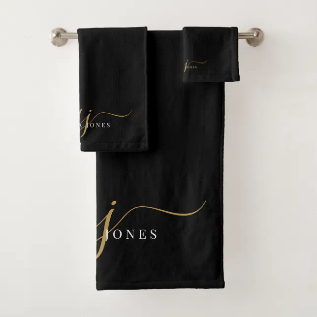Elegant Script Gold Monogram Initials Name Black Bath Towel Set | Zazzle