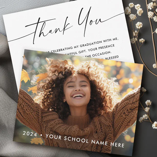 Elegant script grad photo graduate graduation thank you card | Zazzle