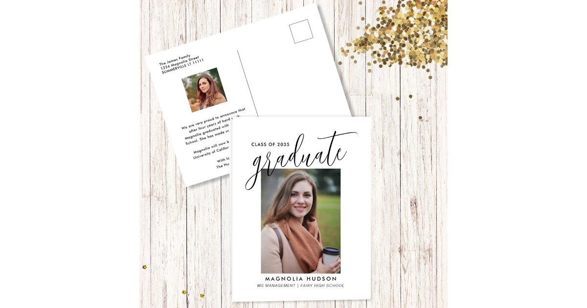 Elegant Script Graduate Class Photo Graduation Postcard | Zazzle