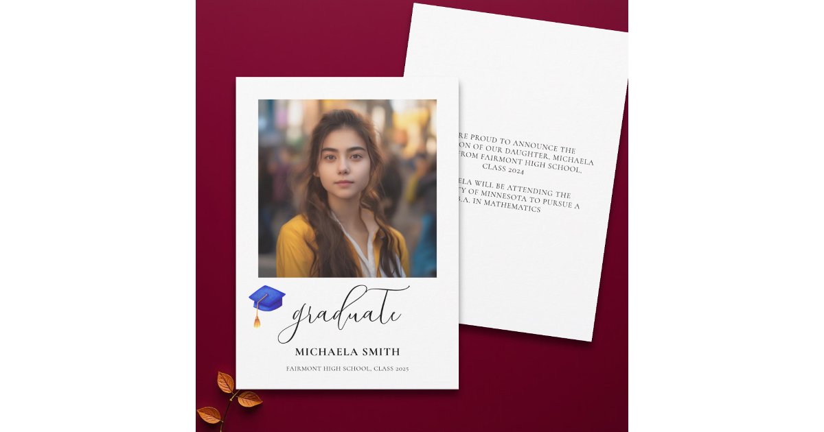 Elegant Script Graduate Photo Blue Graduation Cap Announcement | Zazzle