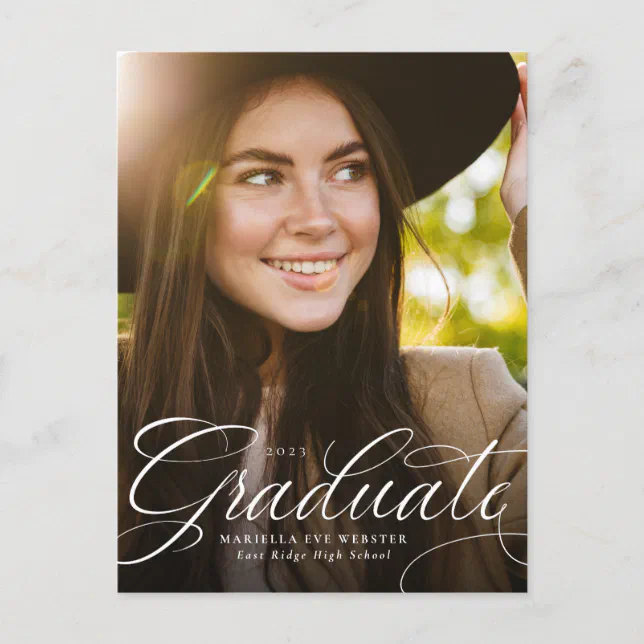 Elegant script graduate vertical graduation invitation postcard | Zazzle
