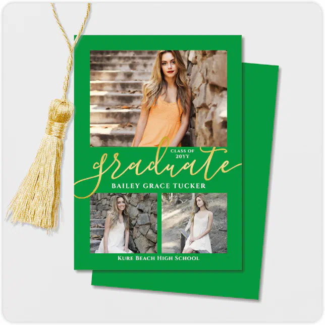 Elegant Script Green 3-Photo Collage Graduation Announcement | Zazzle