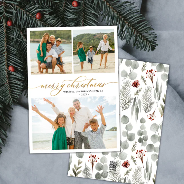 Elegant Script Greenery 3 Multi Photo Christmas Holiday Card | Zazzle