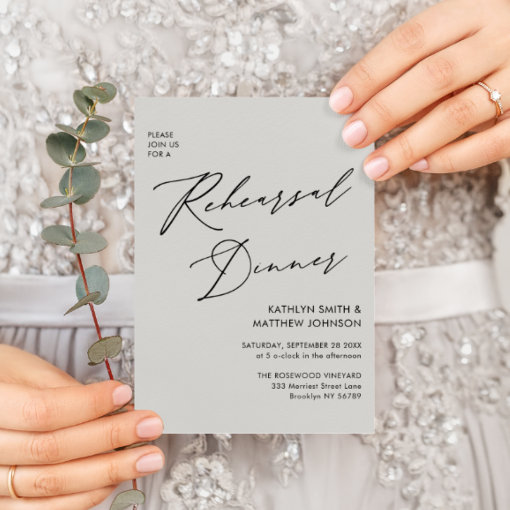 Elegant Script Grey Chic Rehearsal Dinner QR code Invitation | Zazzle