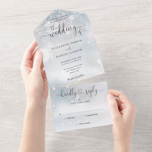 Elegant Script Hearts Minimalist Winter Wedding All In One Invitation | Zazzle