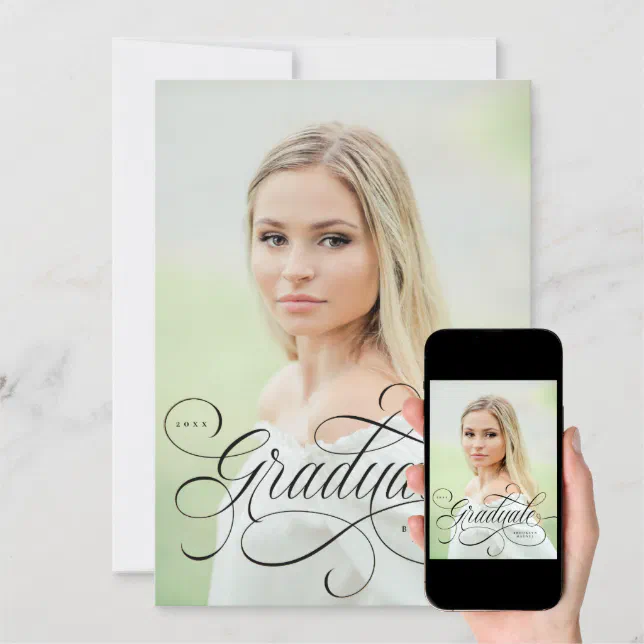 Elegant script in black on single photo graduation invitation | Zazzle