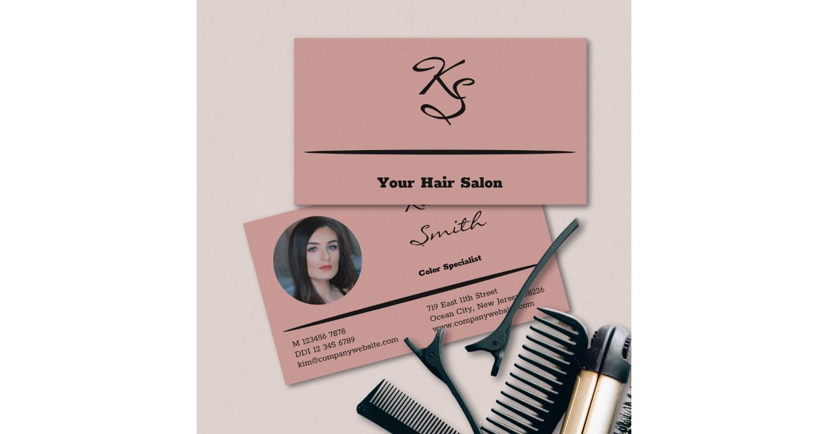 Elegant Script Initials Hair Stylist Pink Business Card | Zazzle