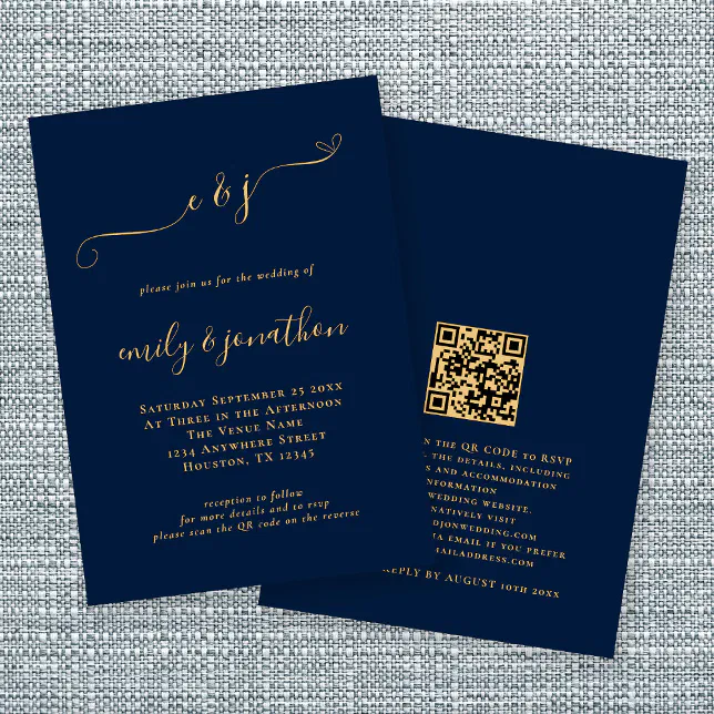 Elegant Script Initials Navy Gold QR Code Wedding Invitation | Zazzle