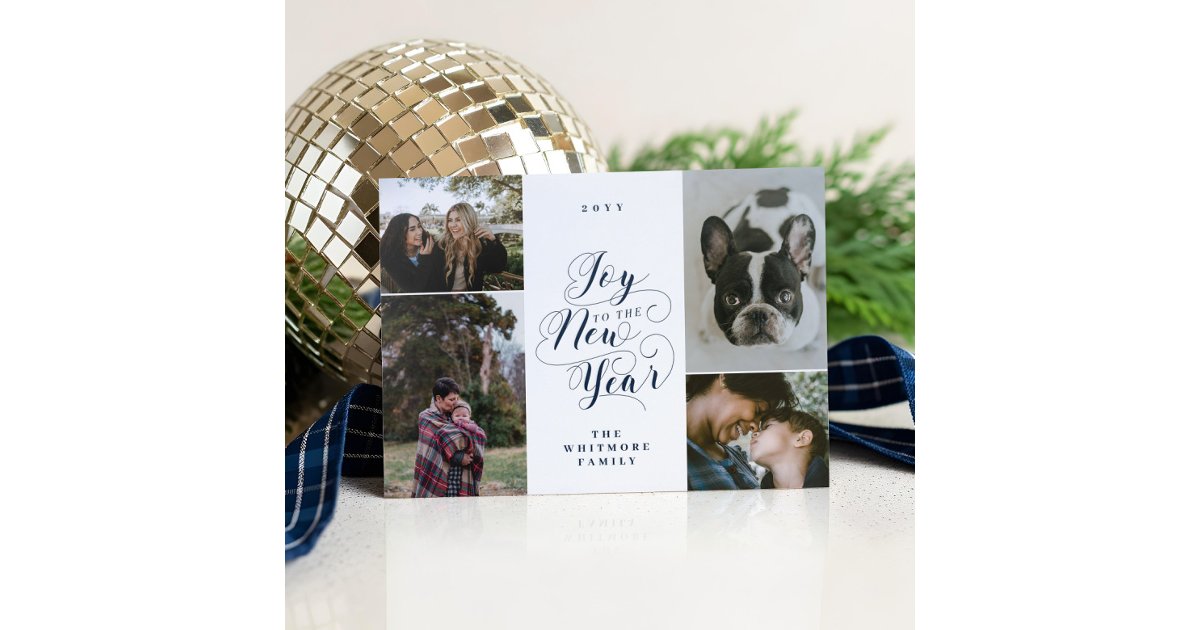 Elegant Script Joy To The New Year Four Photo Letterpress Photo Cards