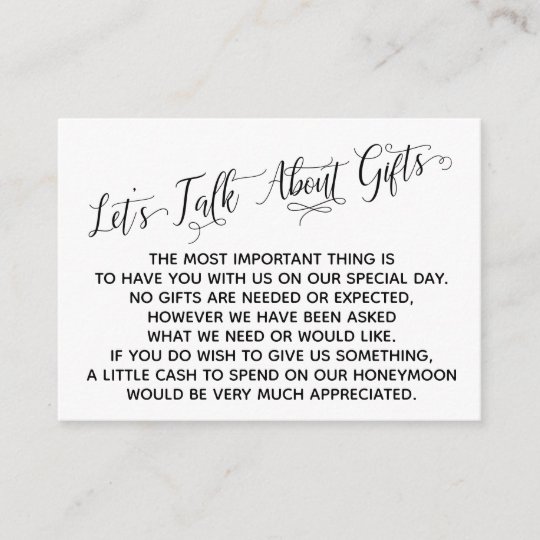 Elegant Script Let's Talk About Gifts Wedding Enclosure Card | Zazzle.com