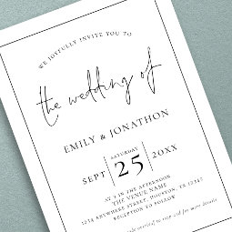 Elegant Script Line Border QR Black White Wedding Invitation | Zazzle