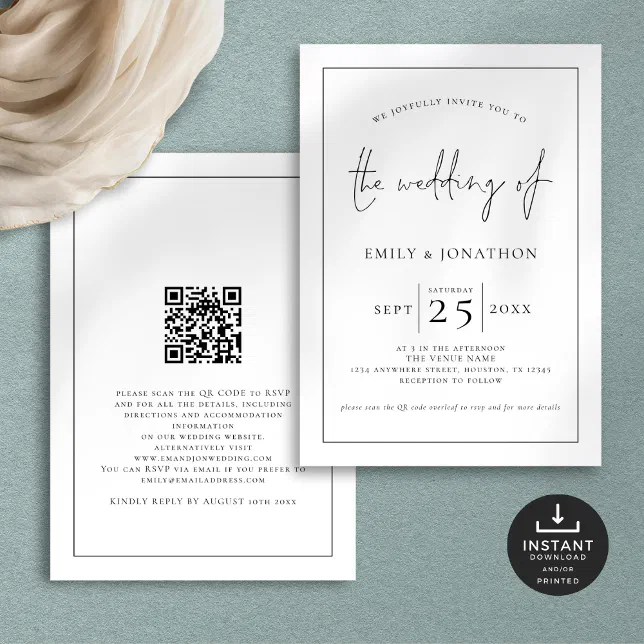 Elegant Script Line Border QR Black White Wedding Invitation | Zazzle