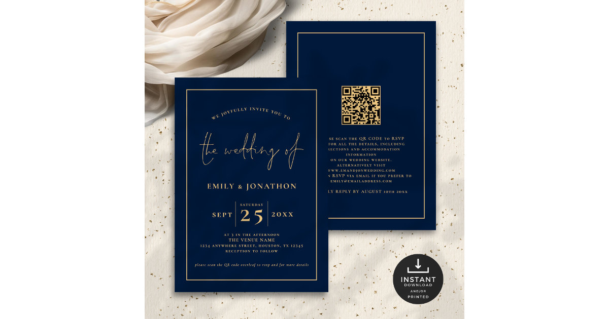Elegant Script Line QR Code Navy Blue Gold Wedding Invitation | Zazzle