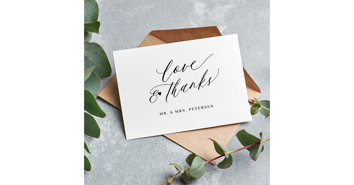Elegant script love and thanks wedding thank you card | Zazzle