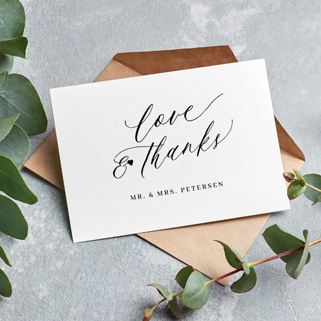 Elegant script love and thanks wedding thank you card | Zazzle