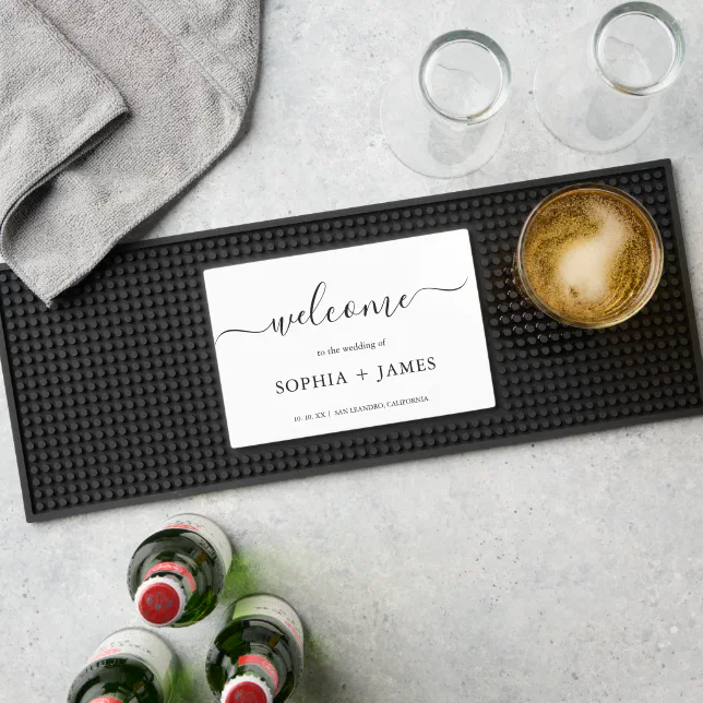 Elegant Script Minimalist White Wedding Bar Mat | Zazzle