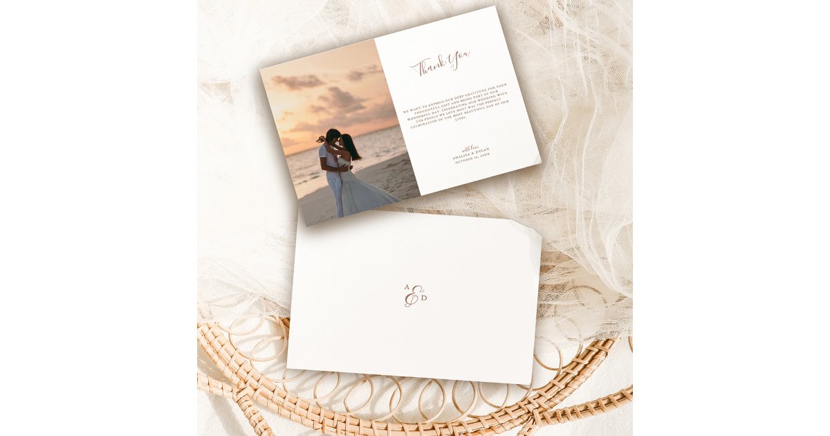 Elegant Script Mocha Monogram Wedding Photo Thank You Card | Zazzle