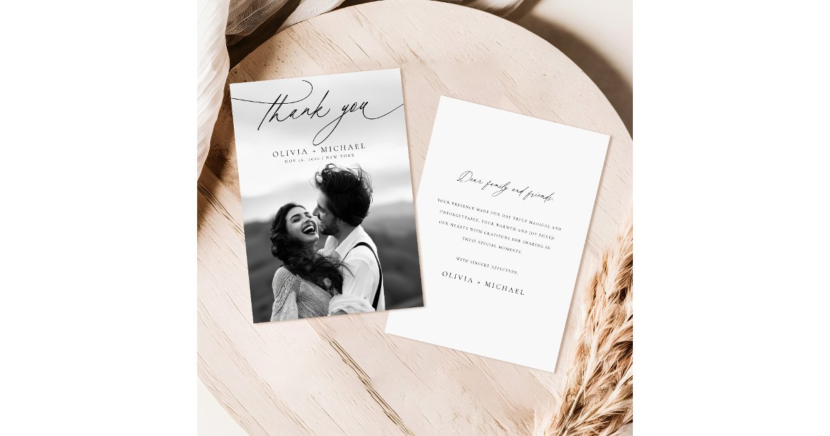 Elegant Script Modern Photo Wedding Thank You Card | Zazzle