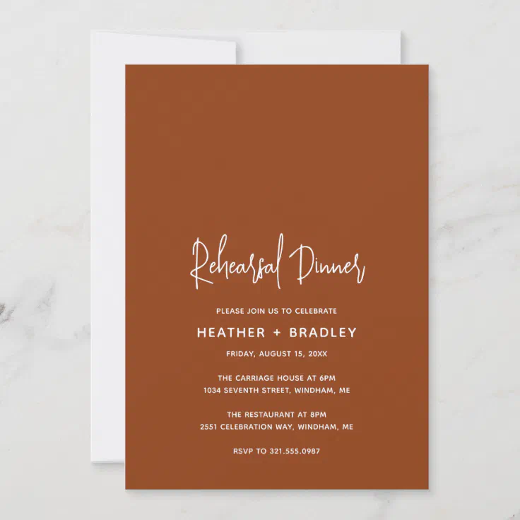 Elegant Script Modern Terracotta Rehearsal Dinner Invitation | Zazzle