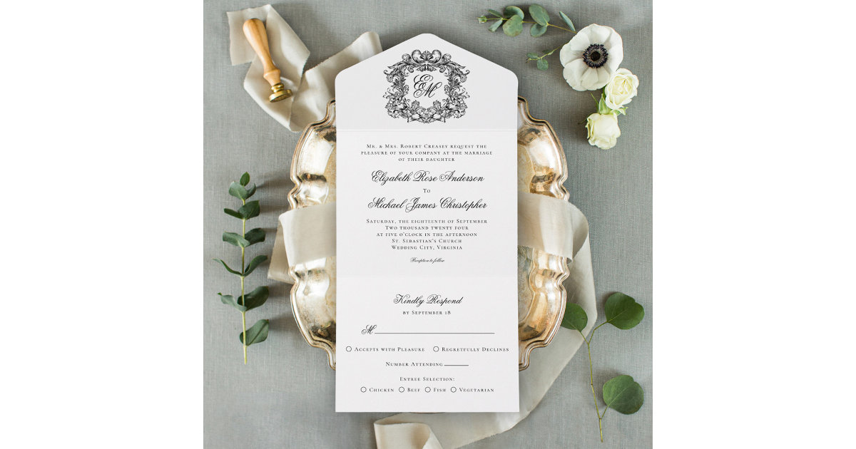 Elegant Script Monogram Crest Wedding All In One Invitation | Zazzle