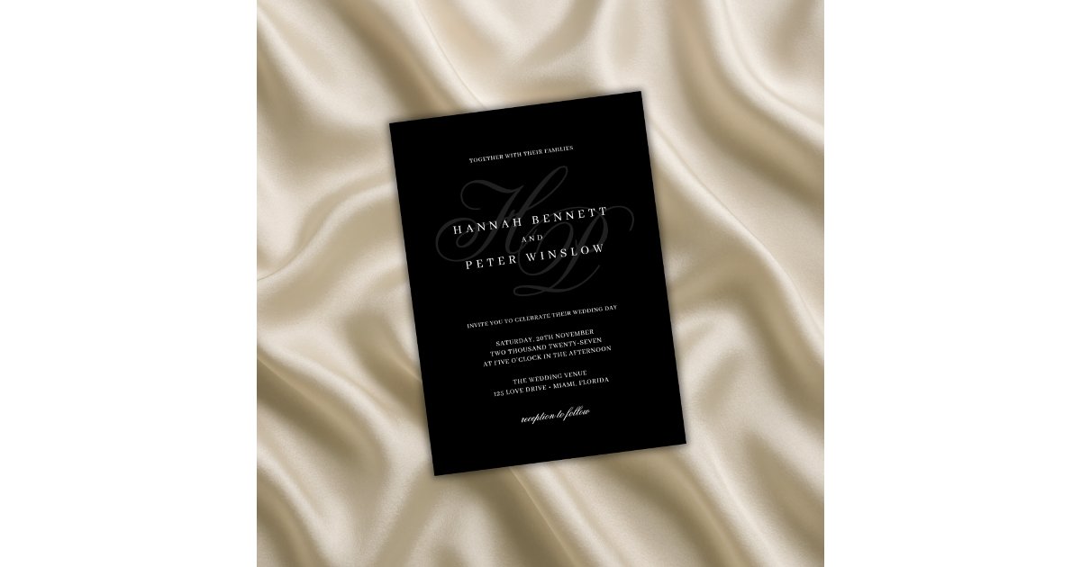 Elegant Script Monogram Initials Black Wedding Invitation | Zazzle