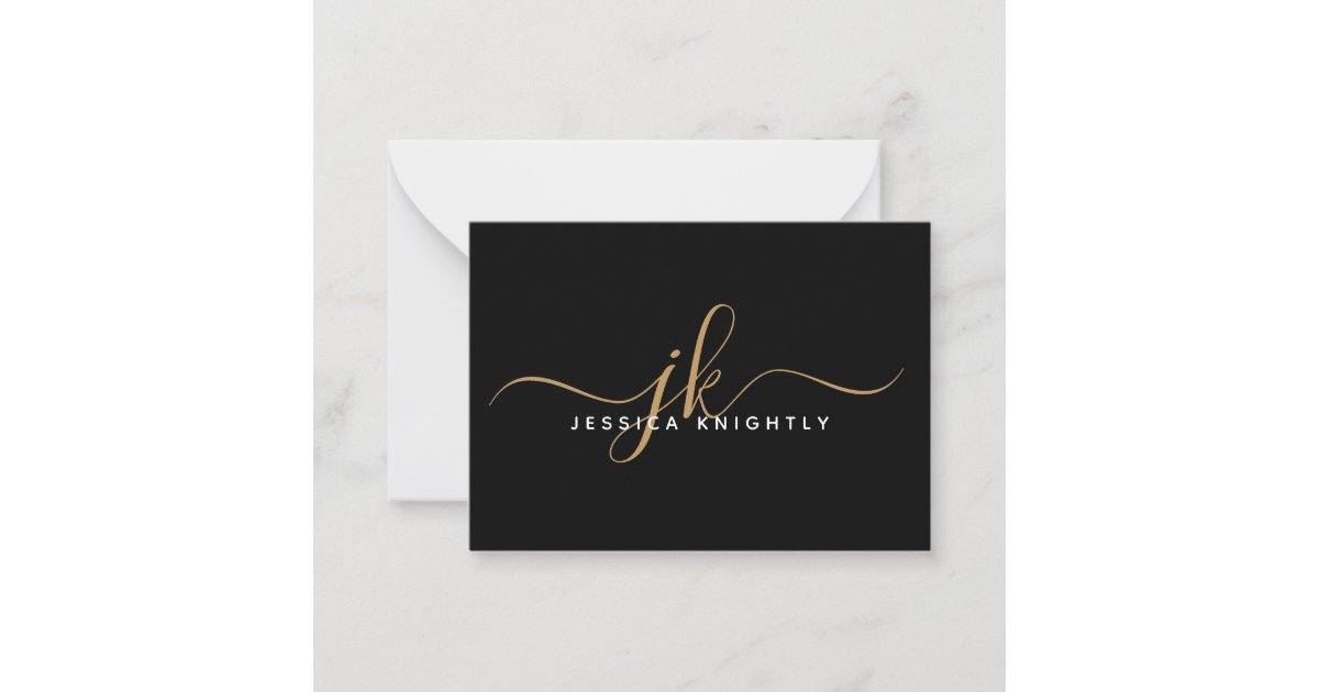 Elegant Script Monogram Initials Name Black Gold Note Card | Zazzle