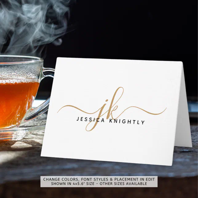 Elegant Script Monogram Initials Name Gold Black Note Card | Zazzle
