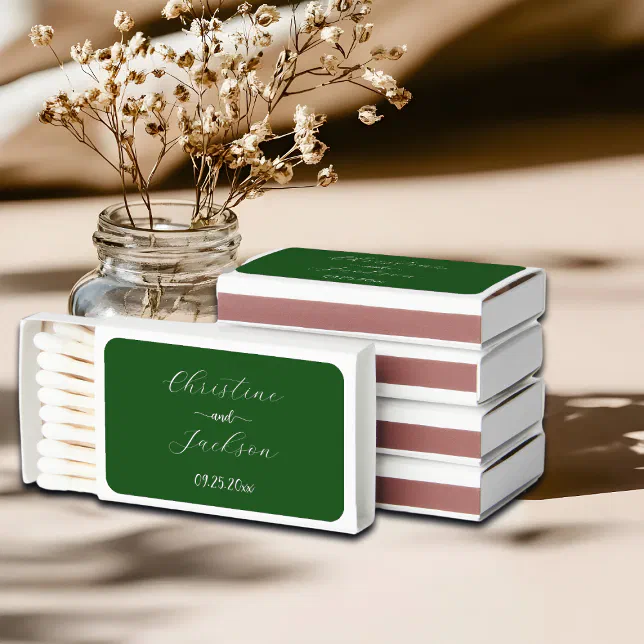 Elegant Script Moss Green Wedding Matchboxes | Zazzle