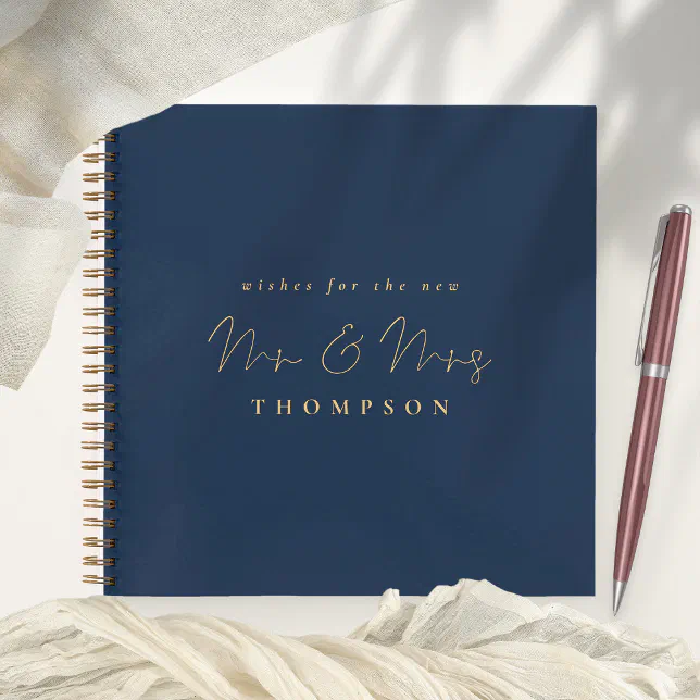 Elegant Script Mr Mrs Wedding Navy Gold Guest Book | Zazzle