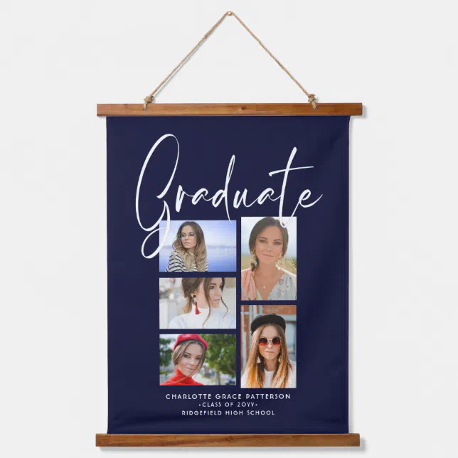 Elegant Script Multi Photo Graduation Graduate Han Hanging Tapestry ...
