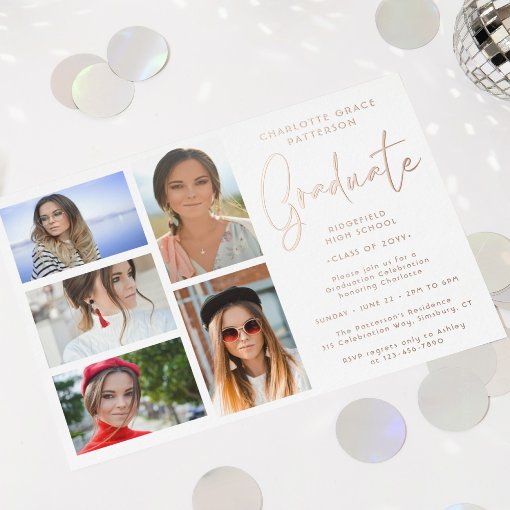 Elegant Script Multi Photo Graduation Party Foil Invitation | Zazzle