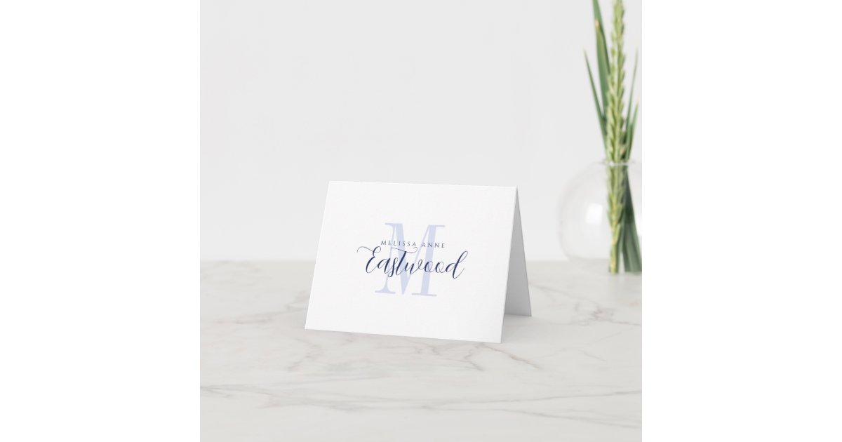 Elegant Script Name Navy Blue Monogram Folded Note Card | Zazzle