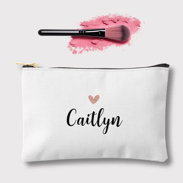 Elegant Script Name & Rose Gold Heart Accessory Pouch | Zazzle